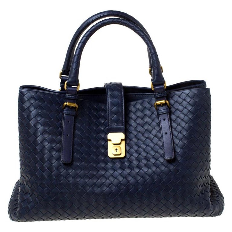 Bottega Veneta Navy Blue Intrecciato Leather Medium Roma Tote For Sale ...