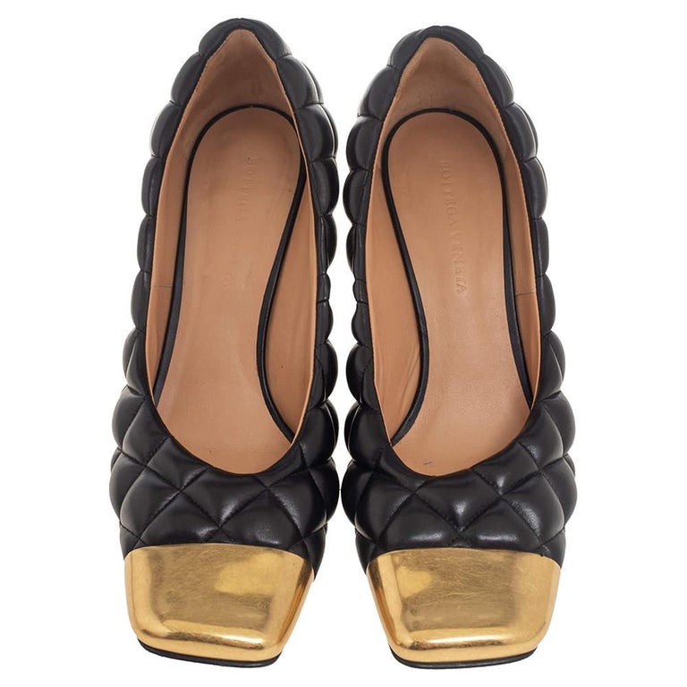 Bottega Veneta Quilted Black Leather Square Metal Cap Toe Pumps Size 39 ...
