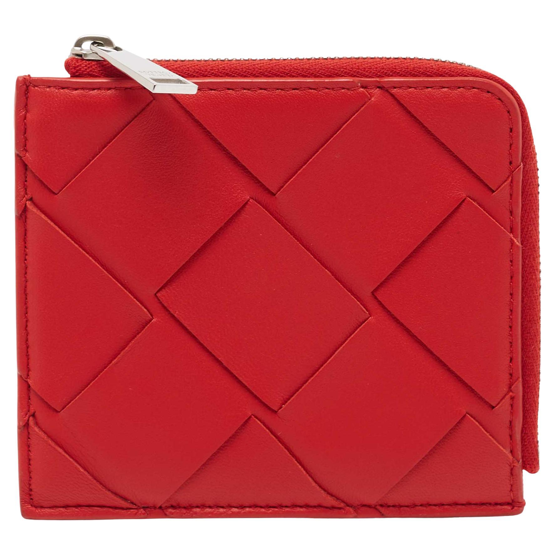 Bottega Veneta Red Intrecciato Leather Half Zip Wallet For Sale at 1stDibs