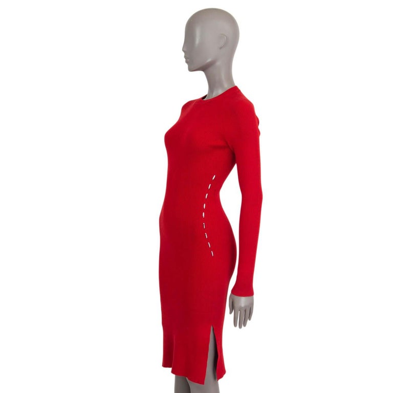 MUGLER red viscose STUDDED RIB-KNIT BODYCON Dress L For Sale at 1stDibs