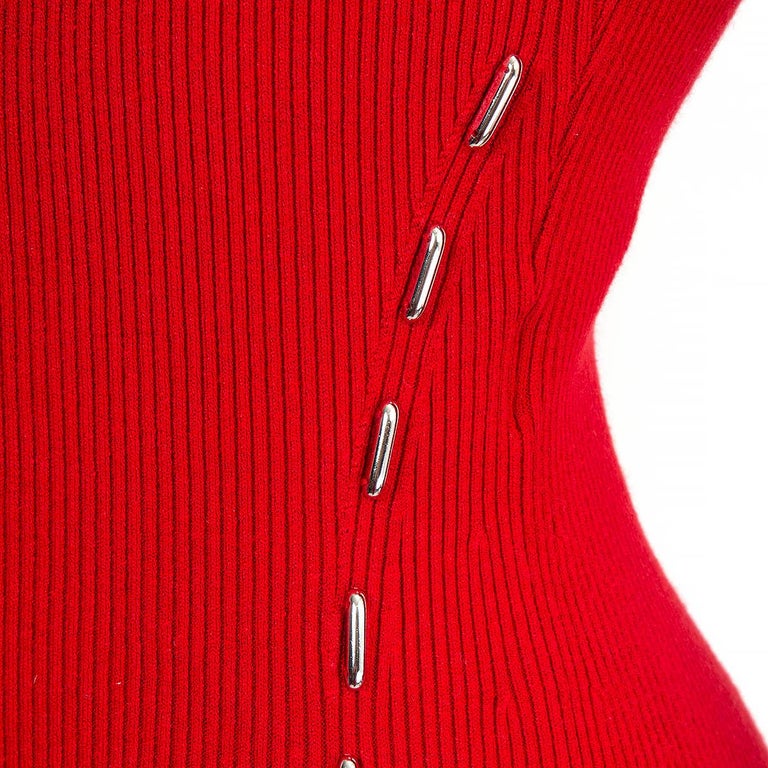 MUGLER red viscose STUDDED RIB-KNIT BODYCON Dress L For Sale at 1stDibs