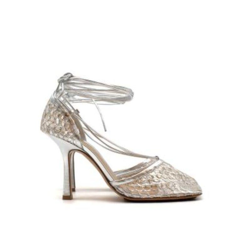 Bottega Veneta Silver Lace-Up Stretch Mesh Sandals For Sale at 1stDibs