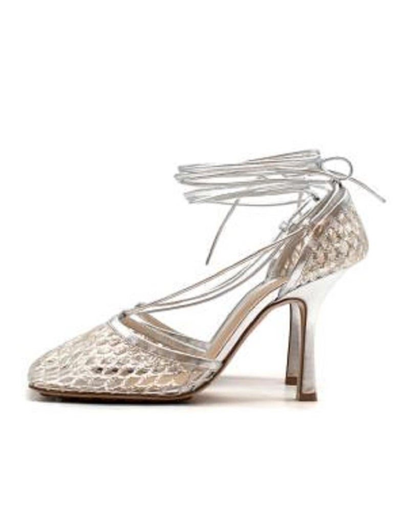 Bottega Veneta Silver Lace-Up Stretch Mesh Sandals For Sale at 1stDibs