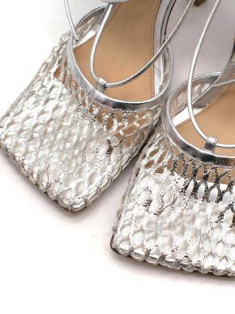 Bottega Veneta Silver Lace-Up Stretch Mesh Sandals For Sale at 1stDibs