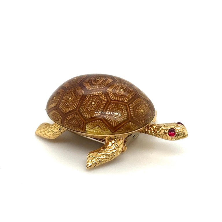 Boucheron 18 Karat Yellow Gold Ruby and Enamel Turtle Brooch, 1960s For ...