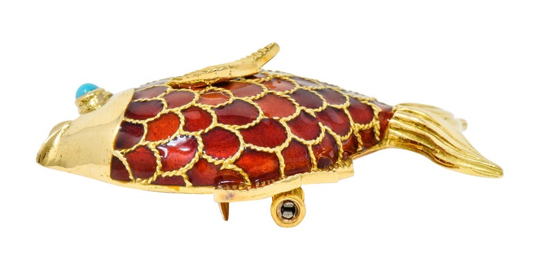 Boucheron 1950s Midcentury Turquoise Enamel 18 Karat Gold Fish Brooch ...