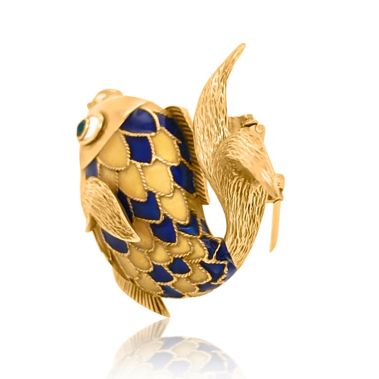 Boucheron Paris, 18 Karat Gold and Enamel Fish Brooch at 1stDibs