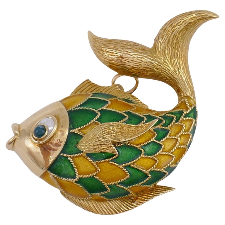 Boucheron Pendant Gold Brooch Fish Enamel Vintage For Sale at 1stDibs