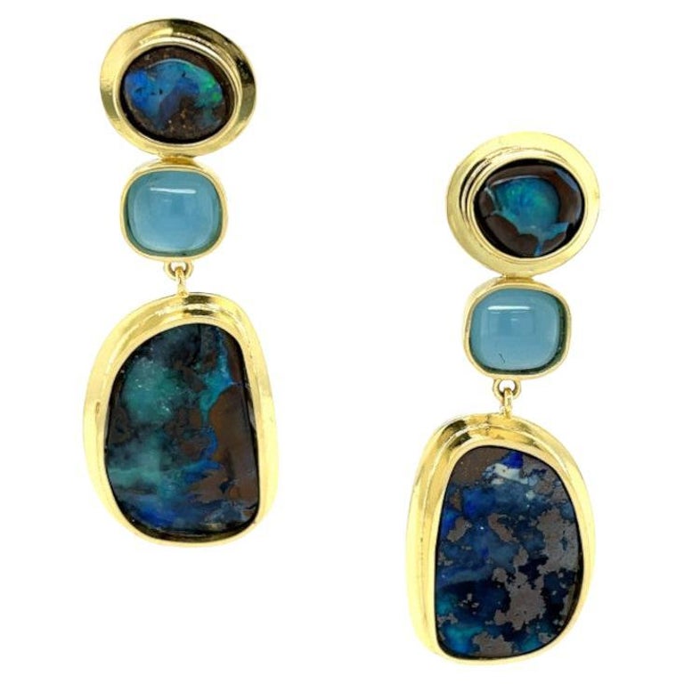 Boulder Opal and Aquamarine Yellow Gold Bezel Dangle Drop Post Earrings ...