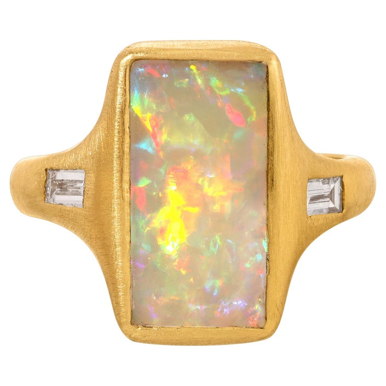 Boulder Opal Ring with Diamond Baguettes in 18k Matte Yellow Gold For ...