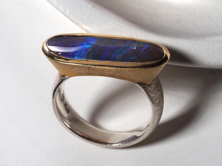 Boulder Opal Scratched Silver Ring Neon Dark Blue Stone Mens Jewelry ...