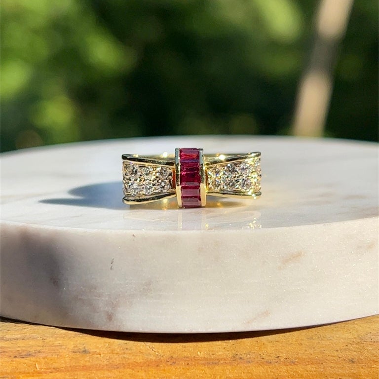Bow Design Ruby and Diamond Ring in 18K Yellow Gold For Sale at 1stDibs