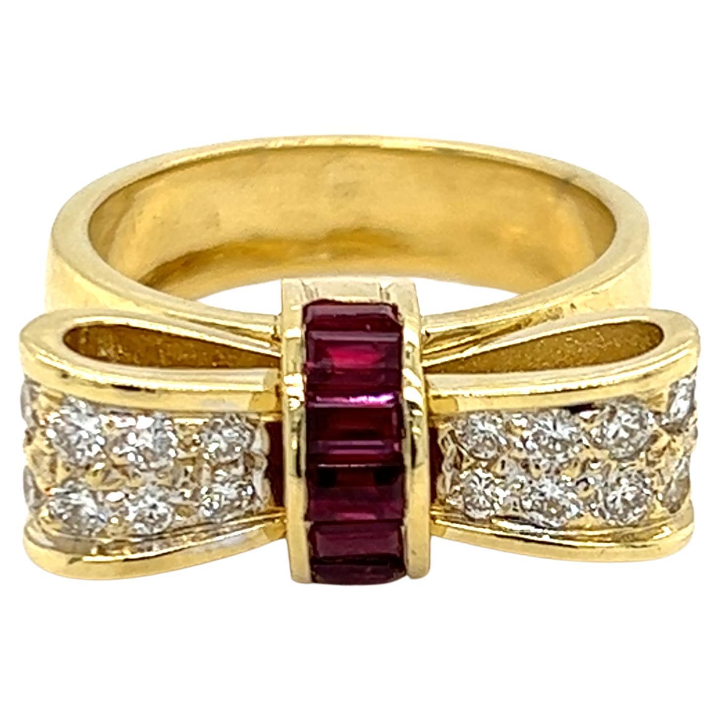 18k Yellow Gold Baguette Ruby and Pave Diamond Bow Ring For Sale at 1stDibs