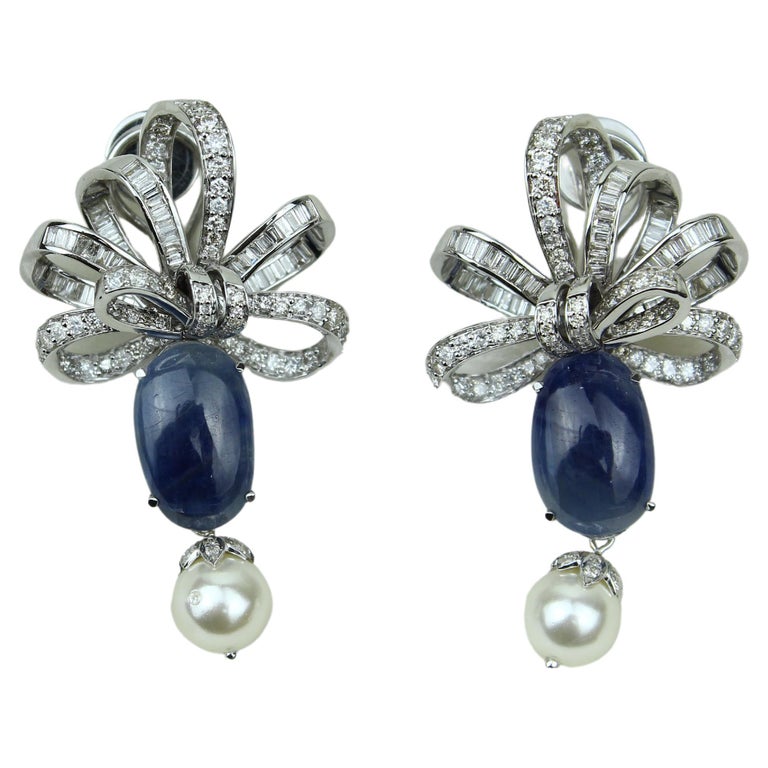 Bow Design with Blue Sapphire Gemstone Dangle Drop Earrings in 18k ...