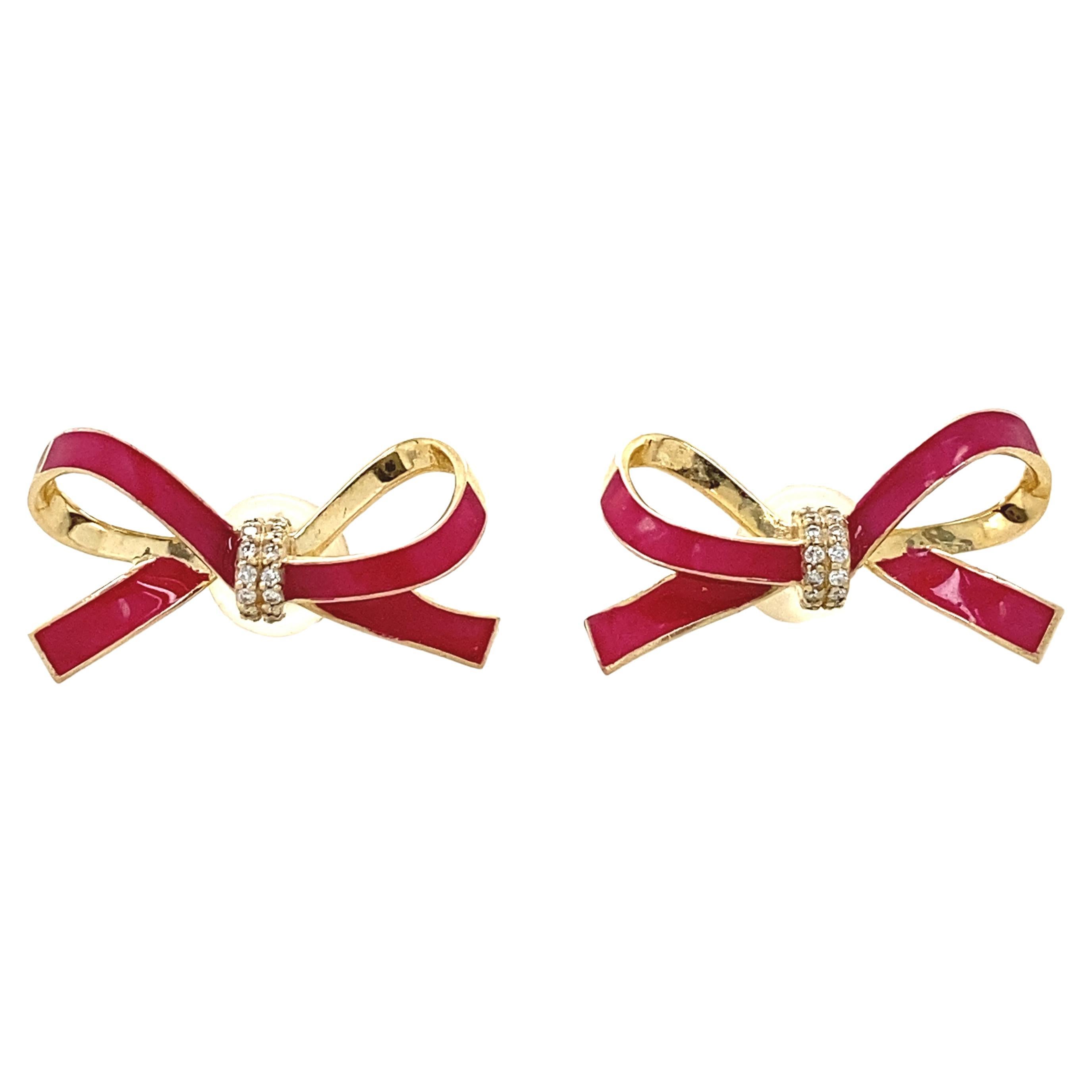 Pink Enamel Bow Diamond Earrings for Girls (Kids) in 14K Solid Gold For ...