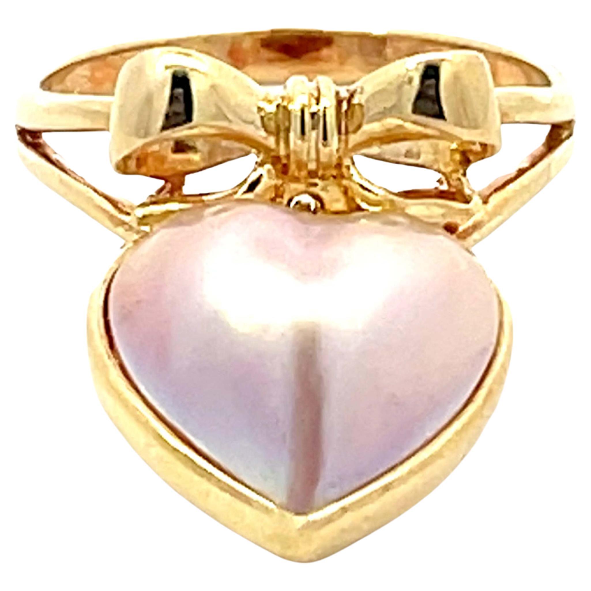 Bow Tie and Dangly Heart Shaped Mabe Pearl Ring in 14K Yellow Gold For ...
