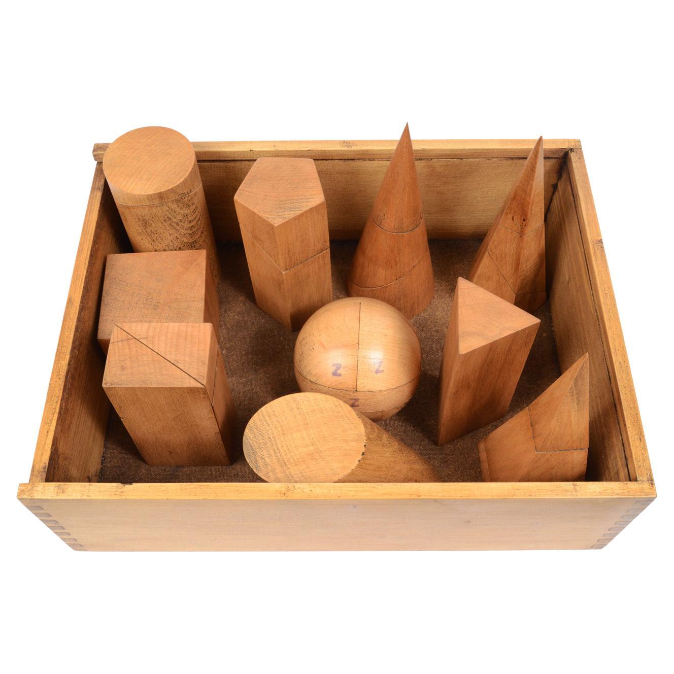 1960s Box Containing 14 Dismounplate Geometric Solids Of Oak Wood For ...