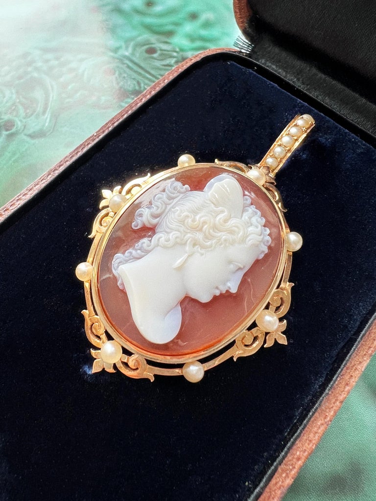 Boxed Victorian Era 18k Gold Natural Pearls Agate Cameo Pendant Brooch ...