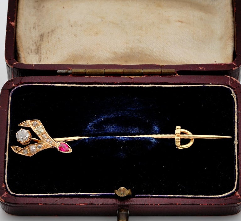 Boxed Victorian Natural Ruby Diamond Rare Wish Bone Stick Pin For Sale ...