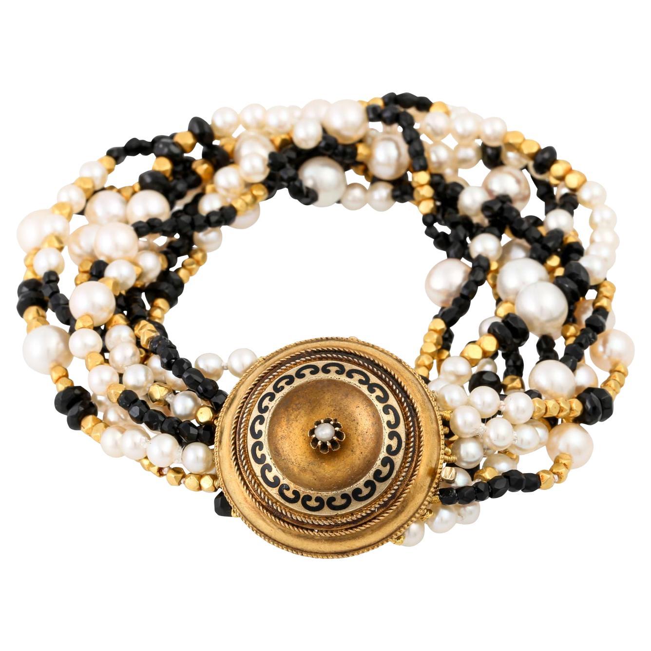 Freshwater Pearl Bracelet, 7 Rows with an Elongated Clasp Set with ...