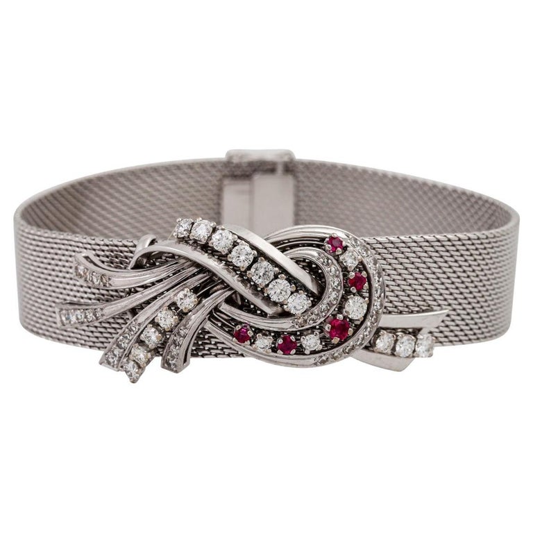 Bracelet from the 1970s, Set with 5 Faceted Rubies, 16 Brilliant-Cut ...