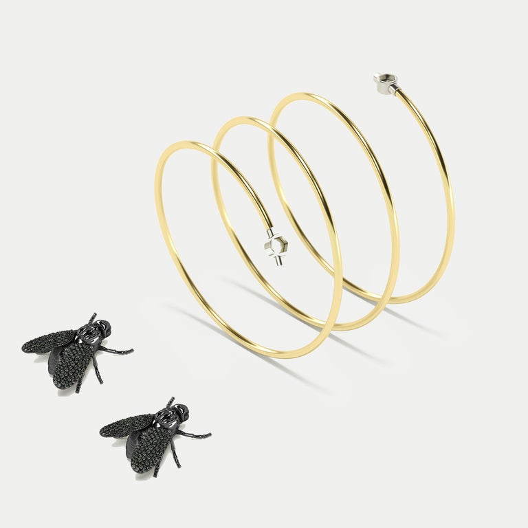 Bracelet with Two Diamond Flies, 18k Yellow Gold and Black Diamonds For ...