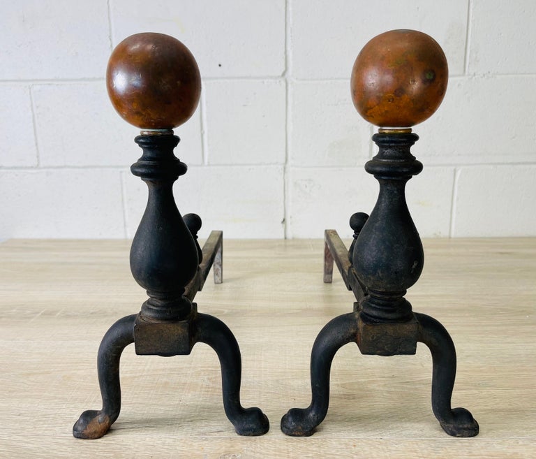 Bradley and Hubbard Iron and Copper Andirons, Pair For Sale at 1stDibs