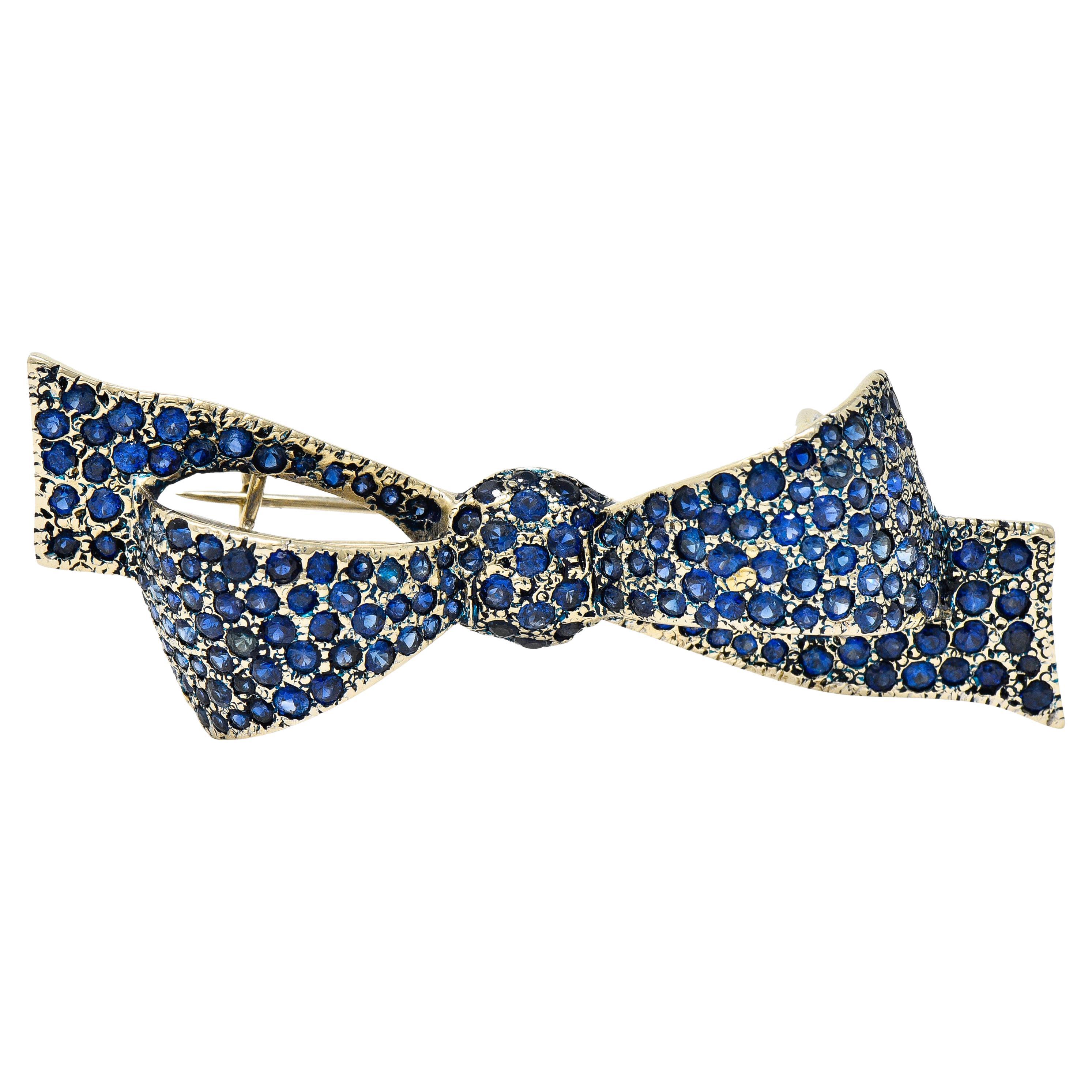 Edwardian 18 Karat White Gold Sapphire 1.00 Carat Diamond Bow Brooch at ...