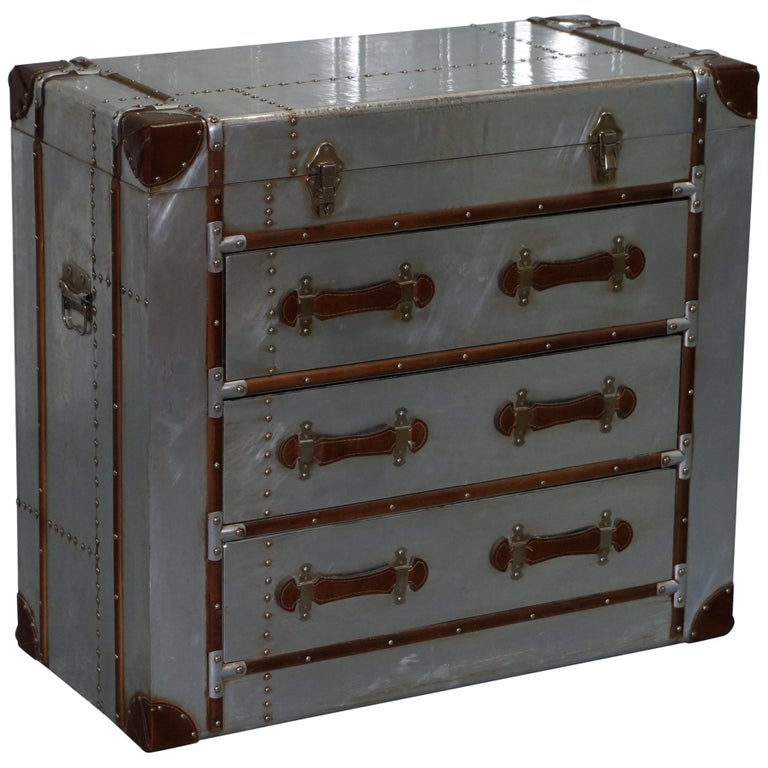 Brand New Aluminium and Brown Leather Aviator Chest of Drawers ...