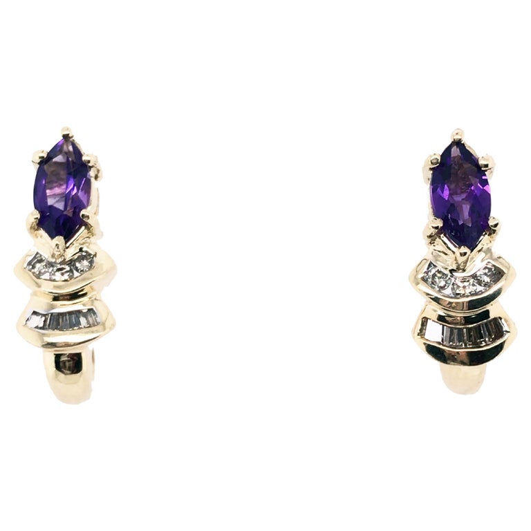 Brand New Amethyst Diamond Stud Half Hoop Earrings 1.36ct 14K Yellow ...