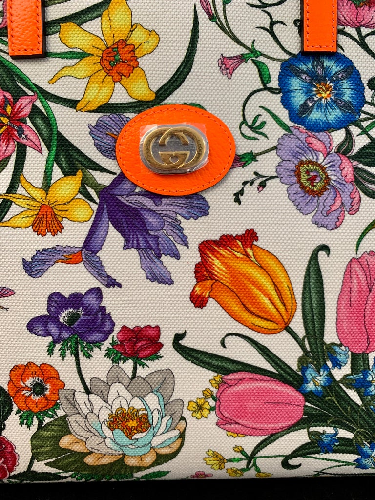Brand New Gucci flora canvas neon orange handbag with Extra Shoulder ...