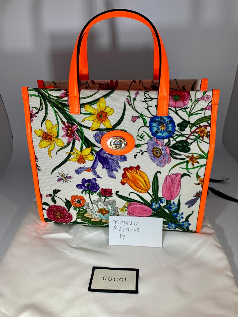 Brand New Gucci flora canvas neon orange handbag with Extra Shoulder ...