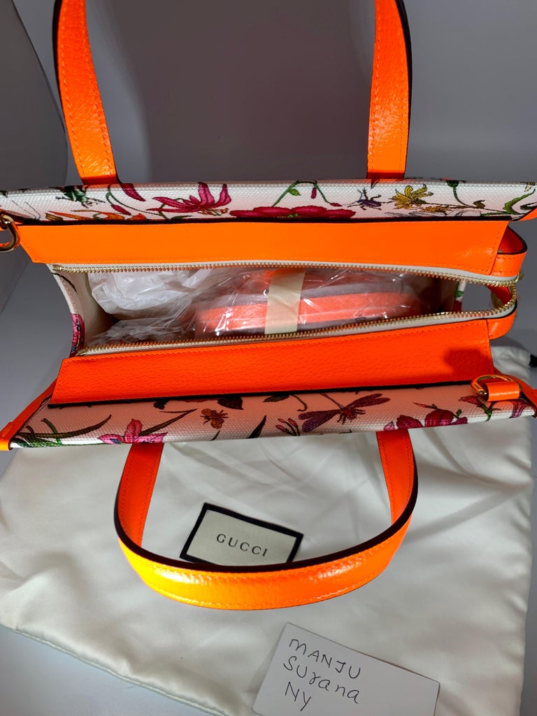 Brand New Gucci flora canvas neon orange handbag with Extra Shoulder ...