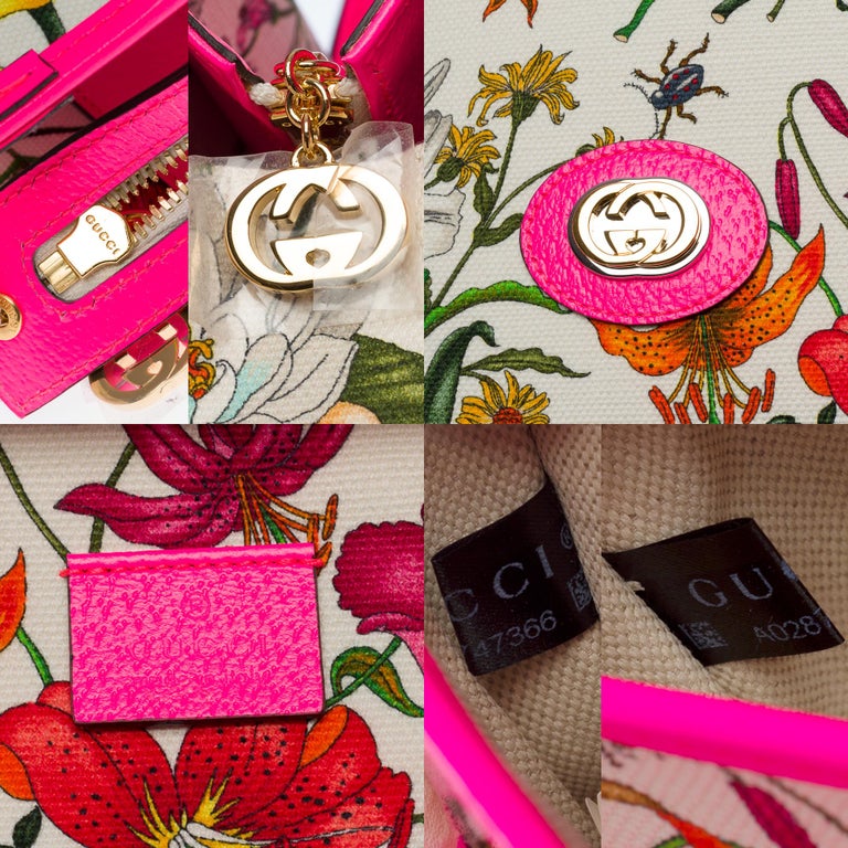 BRAND NEW / Gucci Flora Tote in fluorescent pink leather and print ...