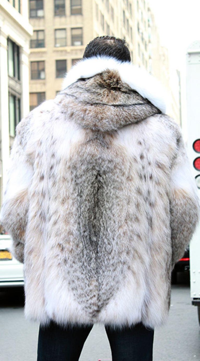 Brand new men's lynx fur coat with fox fur trim size L For Sale at 1stDibs