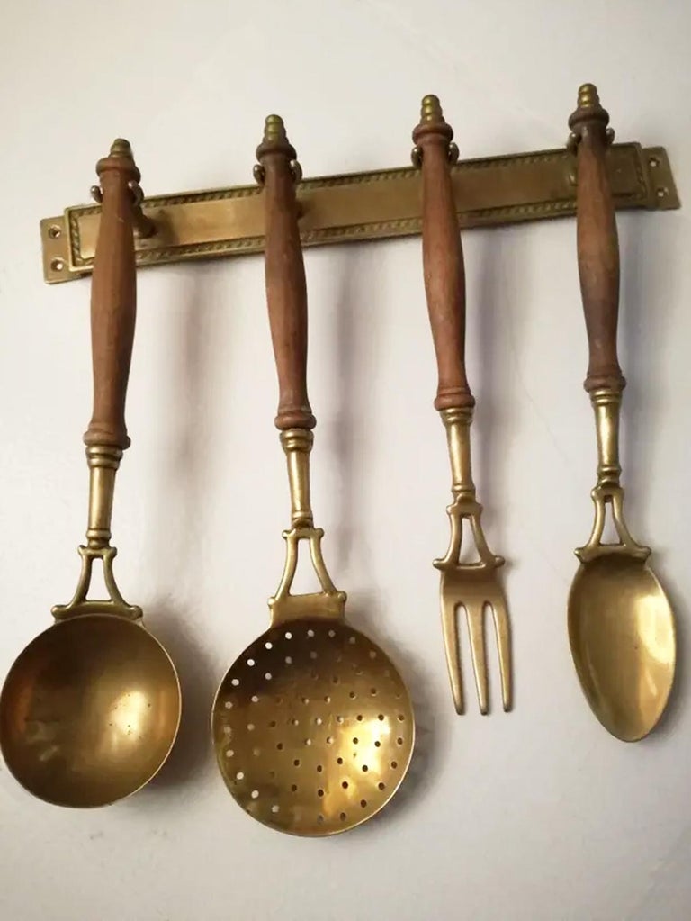 Brass Old Kitchen Utensils with from a Hanging Bar, Early 20th Century ...