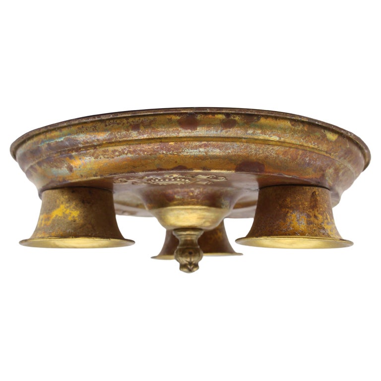 Brass 3 Light Flush Mount Ceiling Fixture with Ornate Detail and Finial ...