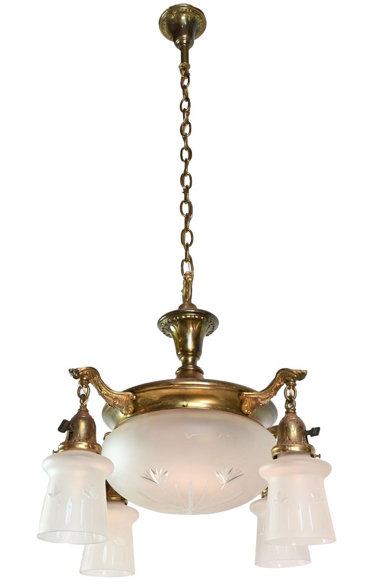 Brass 4 Light Pan with Etched Shades and Center Bowl For Sale at ...