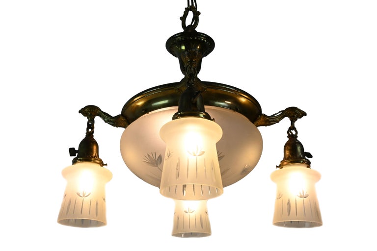 Brass 4 Light Pan with Etched Shades and Center Bowl For Sale at ...