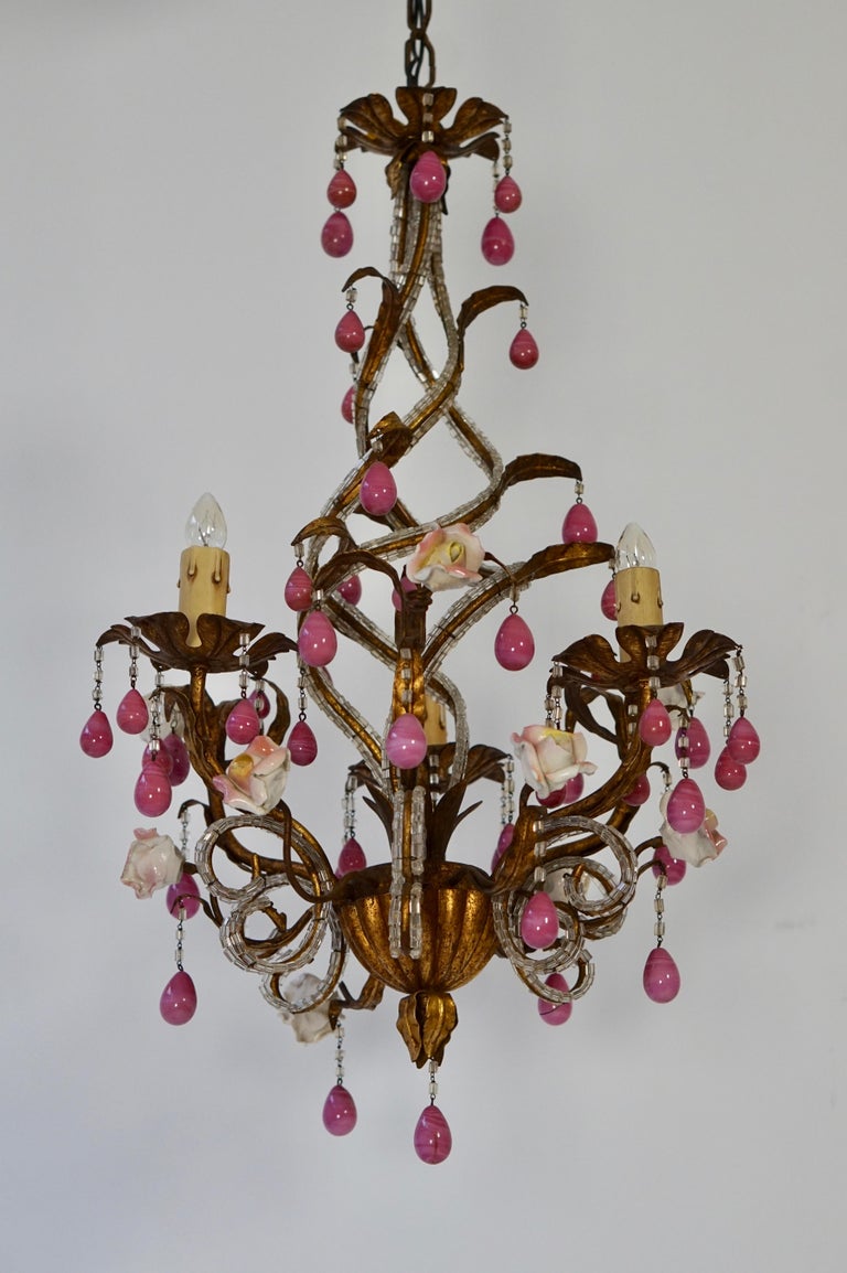 Brass and Ceramic Drop Chandelier with Porcelain Flowers, Italy For ...