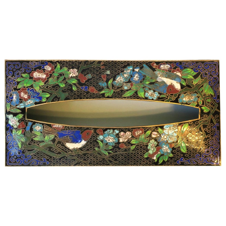 Brass and Cloisonné Enamel Tissue Box Holder Cover with Birds and ...