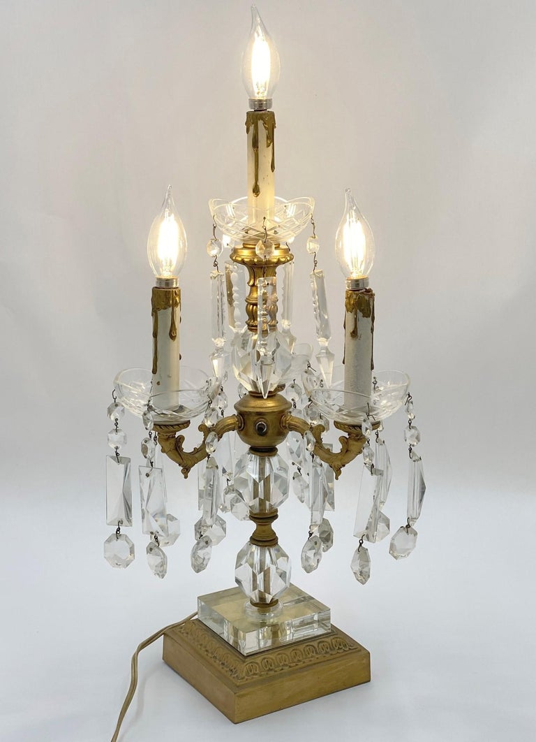 Brass and Crystal Candelabra Table Lamp with 4 Lights and Wood Base For ...