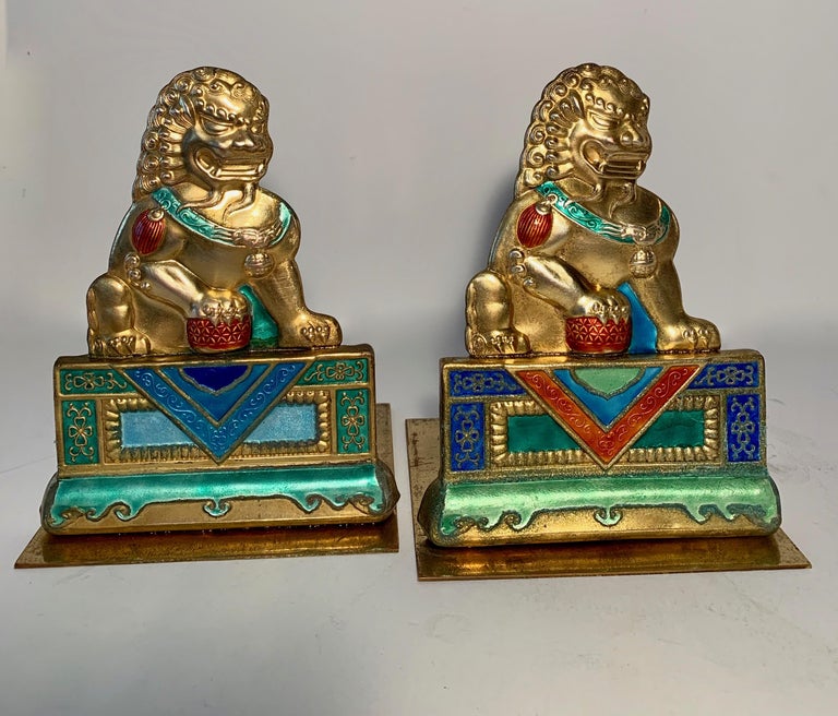 Brass and Enamel Foo Dog Bookends For Sale at 1stDibs