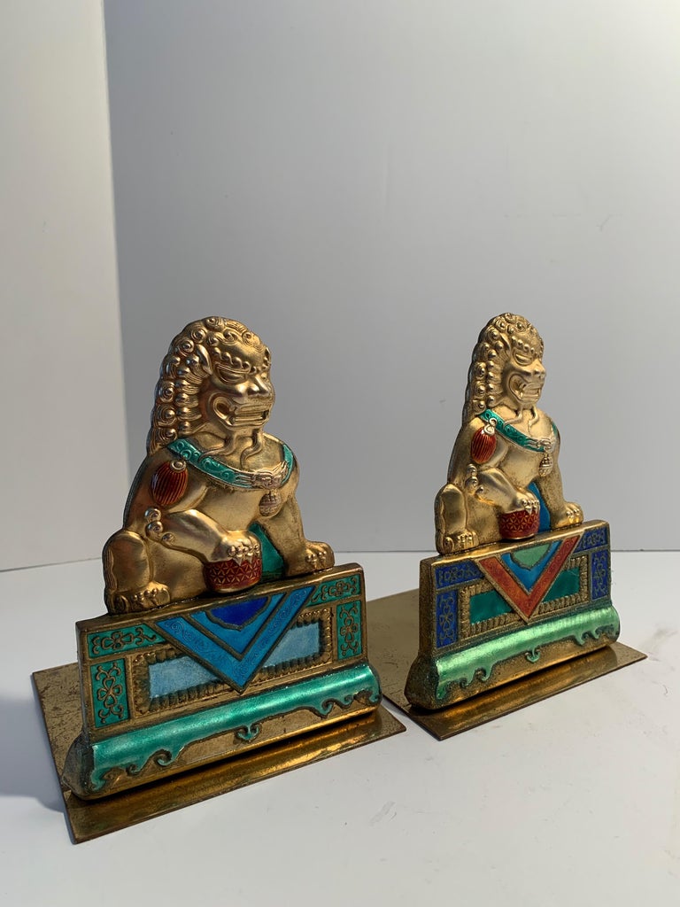 Brass and Enamel Foo Dog Bookends For Sale at 1stDibs