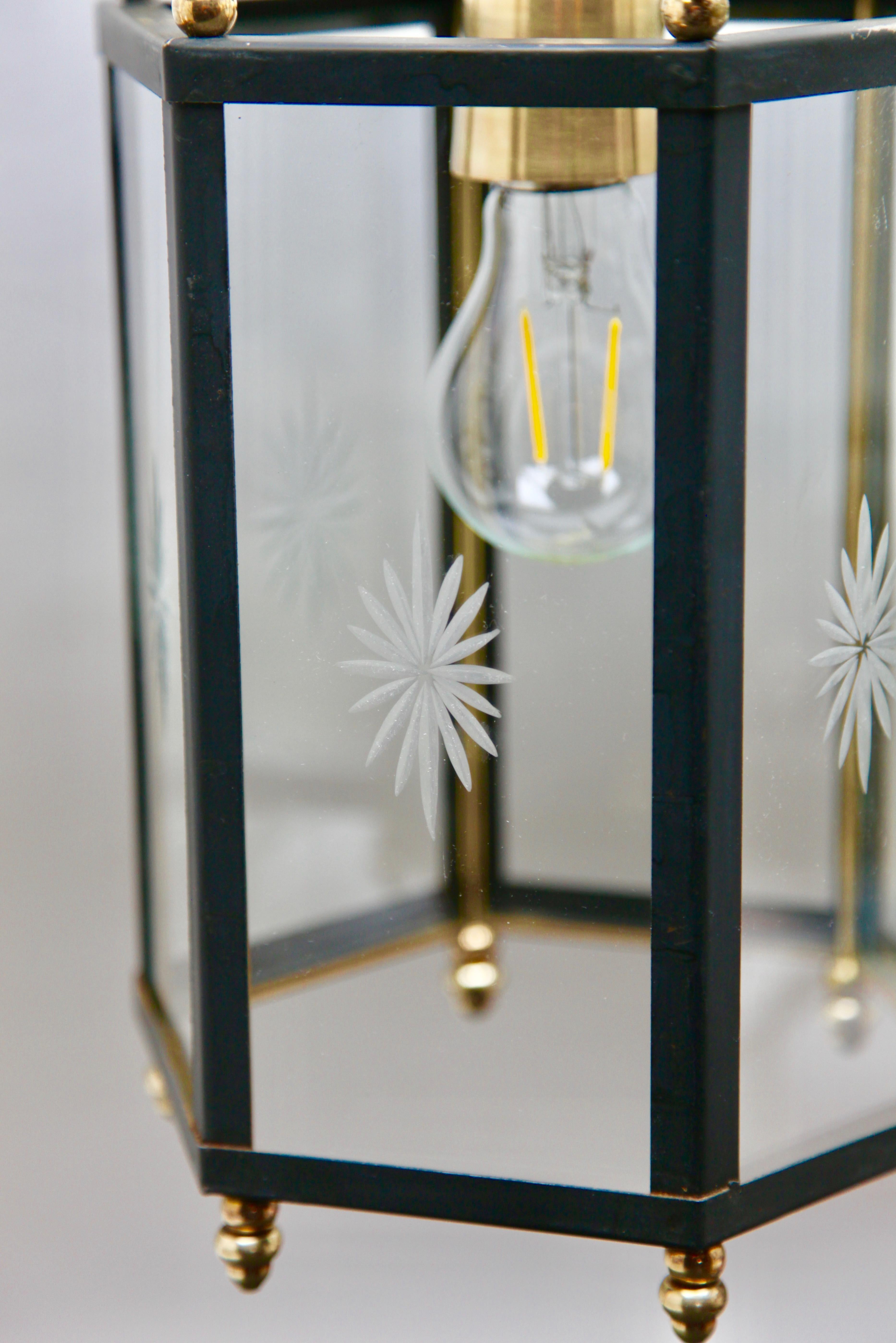 Brass and Etched with a Starburst Pattern Glass Lantern Hall Light at ...