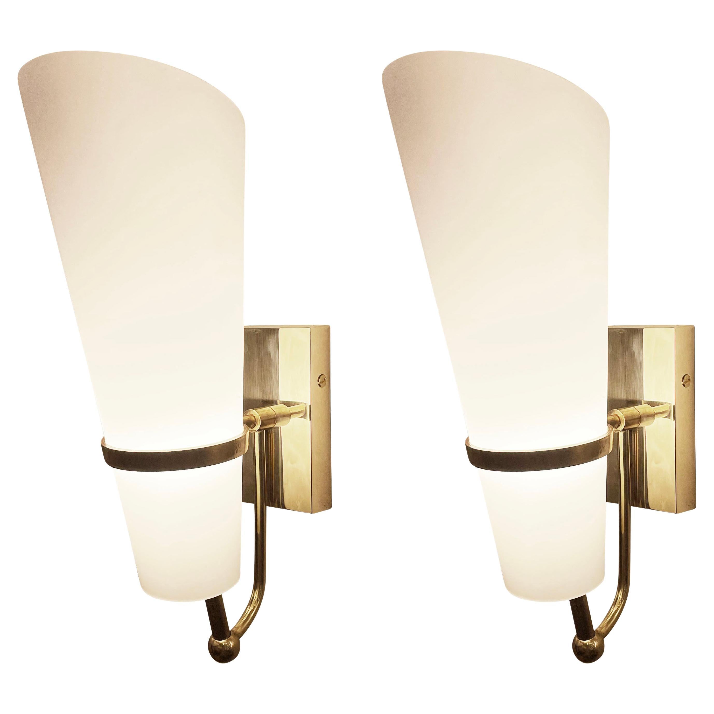 Pair of Brass Sconces with Frosted Glass Panel Shades For Sale at 1stDibs
