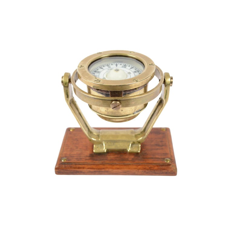 Brass and Glass Nautical Compass on Oak Wooden Board, London, 1860 at ...