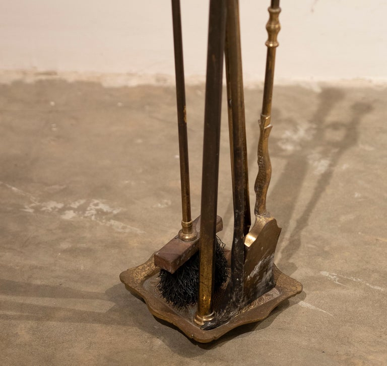 Brass and Iron Fireplace Set with Three Utensils and Base For Sale at ...