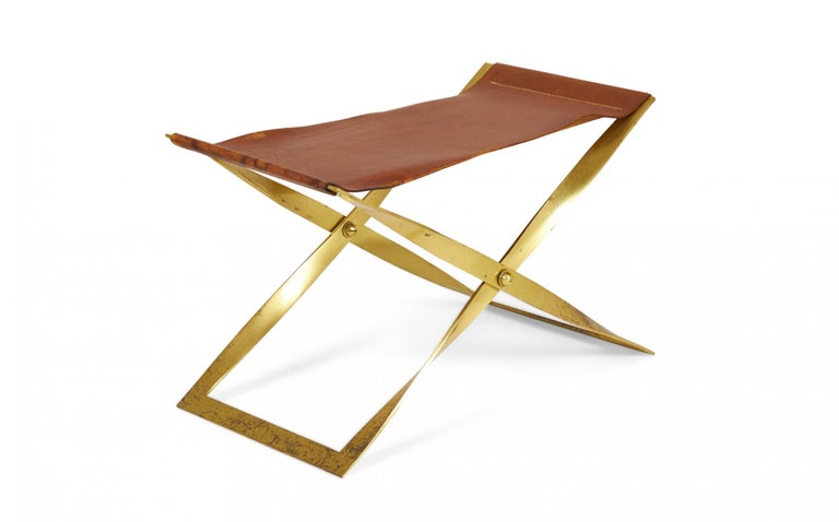 Brass and Leather Sling Seat Scissor Bench For Sale at 1stDibs