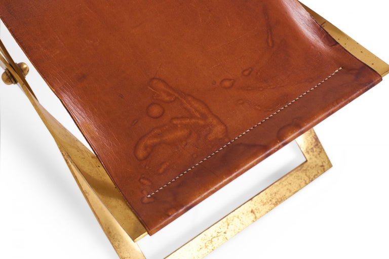 Brass and Leather Sling Seat Scissor Bench For Sale at 1stDibs